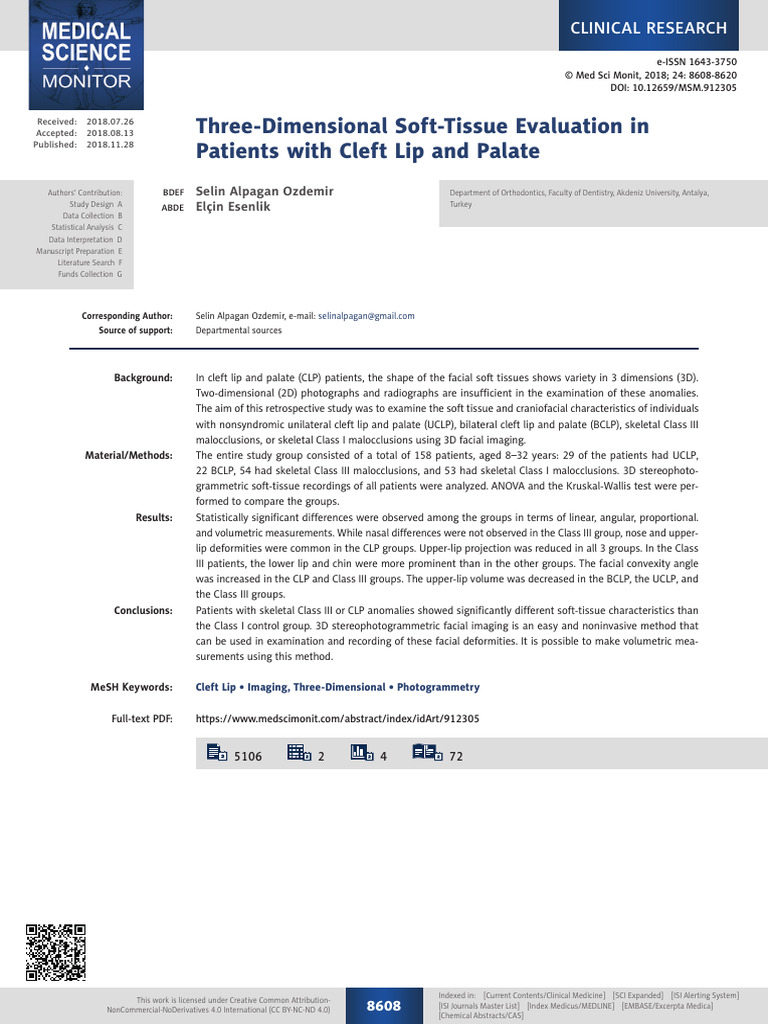 3D Soft-Tissue Analysis in Cleft Patients | PDF | Radiography | Medical ...