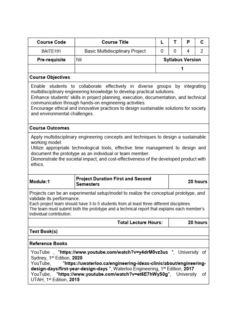 Basic Multidisciplinary Project Syllabus | PDF | Engineering | Prototype