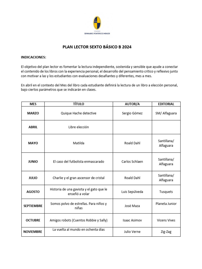 Plan Lector 2024 6to Basico B | PDF