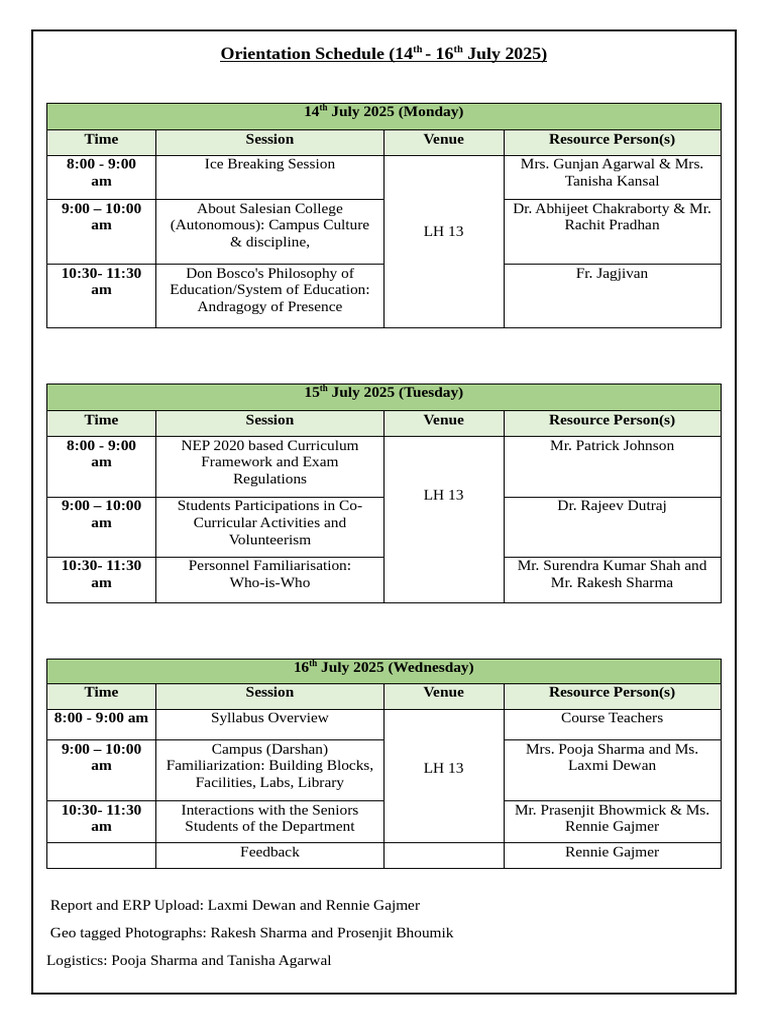 Orientation Schedule 14th To 19th July | PDF