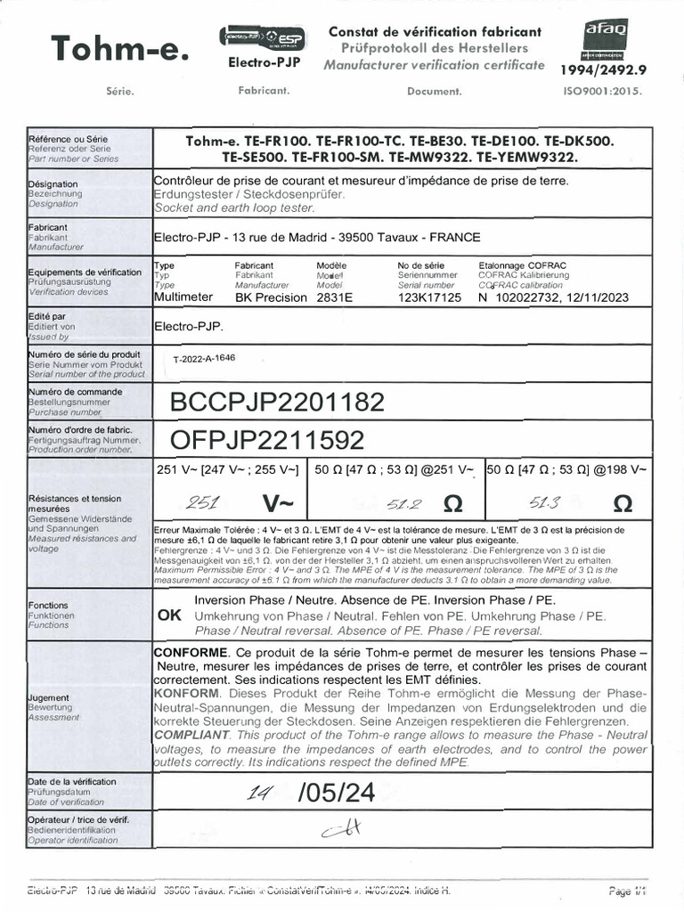 Certificado de Verificación Tohm-e | PDF | Exactitud y precisión ...