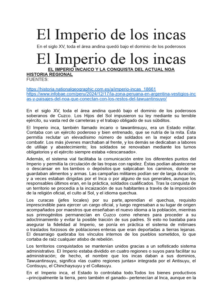 HR INCAS Y EL NOA - Docx, y Otras Cosas, Mucho Sobre Cultura de Ese Momento | PDF | Imperio Inca ...
