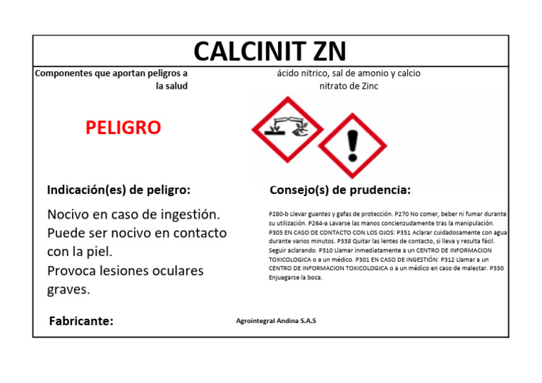 Peligros y Precauciones de Calcinit ZN | PDF