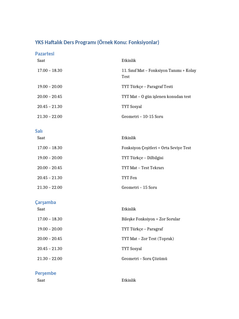 YKS Haftalik Ders Programi | PDF