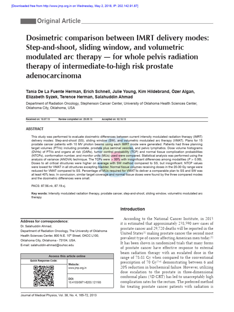 IMRT Modes for Prostate Cancer Dosimetry | PDF | Radiation Therapy ...