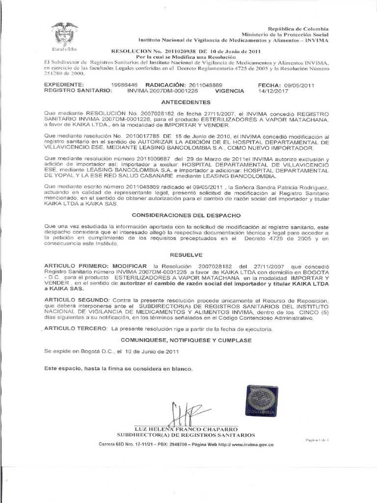 Resolucion Cambio Razon Social Esterilizadores Matachana | PDF