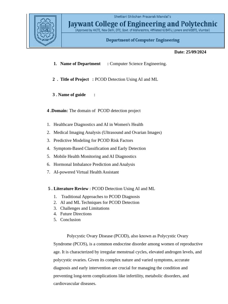 Btech Project 2024-25 Synopsis (1) Pcod Detection | PDF | Polycystic Ovary Syndrome | Machine ...