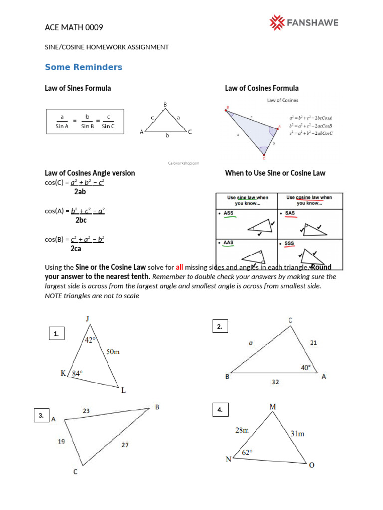 Sine-Cosine Law HOMEWORK Assignment Questions | PDF