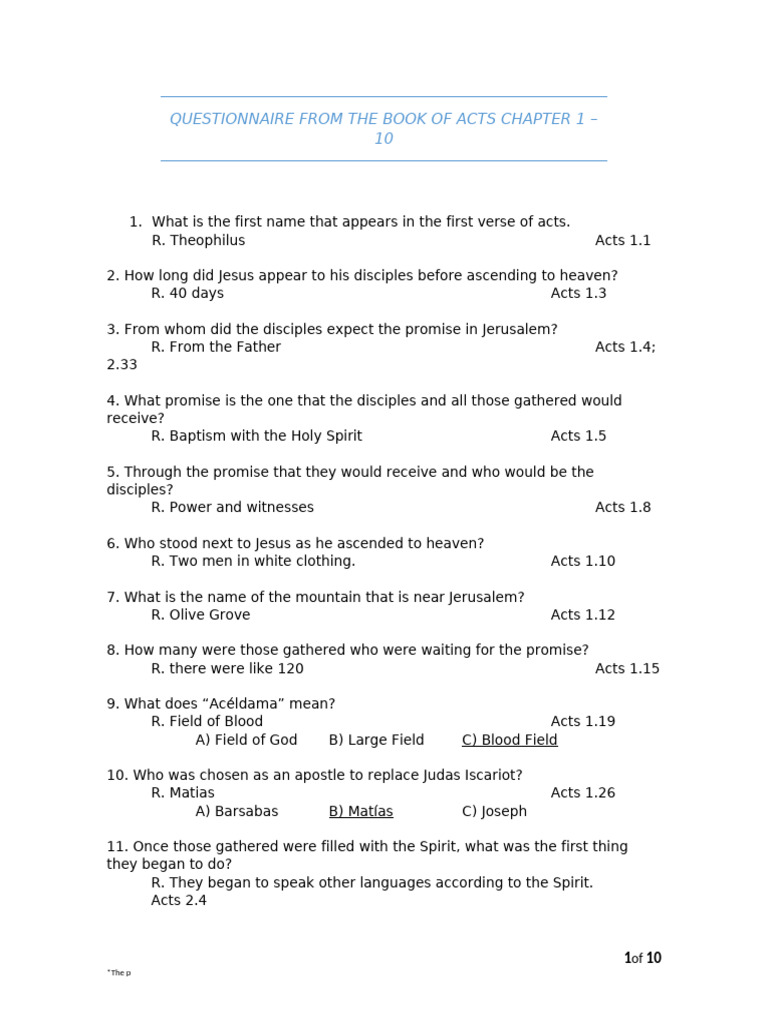 Bible Quiz QT On Act of Apostle | PDF | Paul The Apostle | Jesus