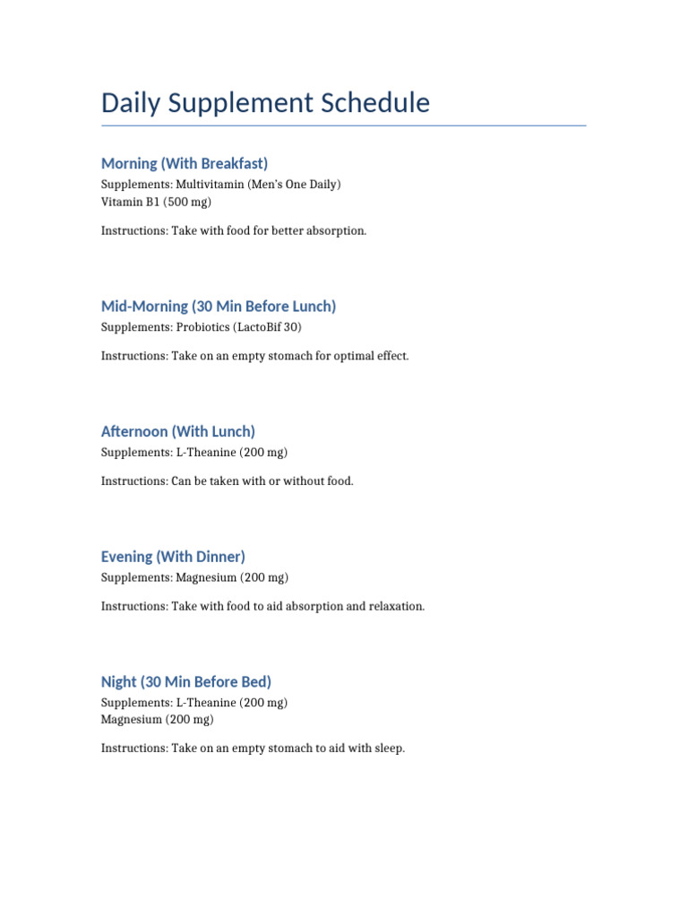 Supplement Schedule With Time Gaps Mid Morning | PDF | Dietary ...