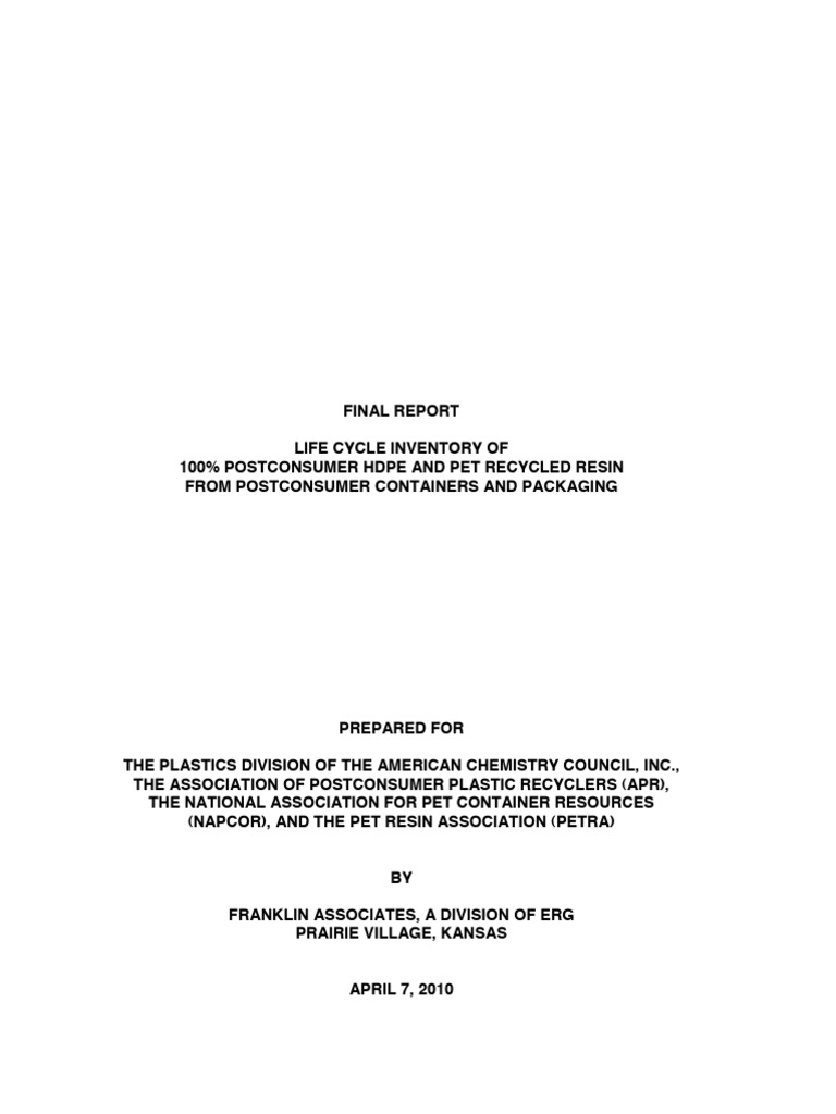 Life Cycle Inventory of Recycled HDPE & PET | PDF | Life Cycle ...