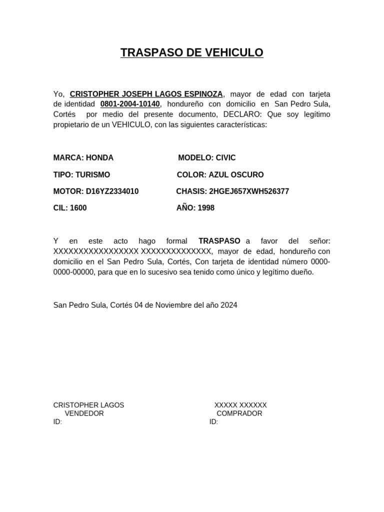 Traspaso De Vehiculo Pdf