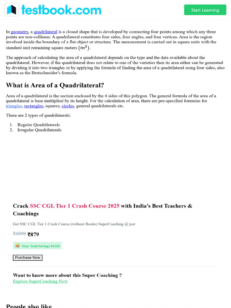 Area of A Quadrilateral - Types, Formulas With Examples | PDF
