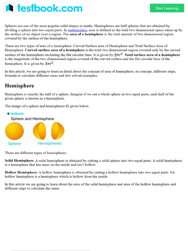 Area of Hemisphere - Solid & Hollow Hemispheres With Examples | PDF