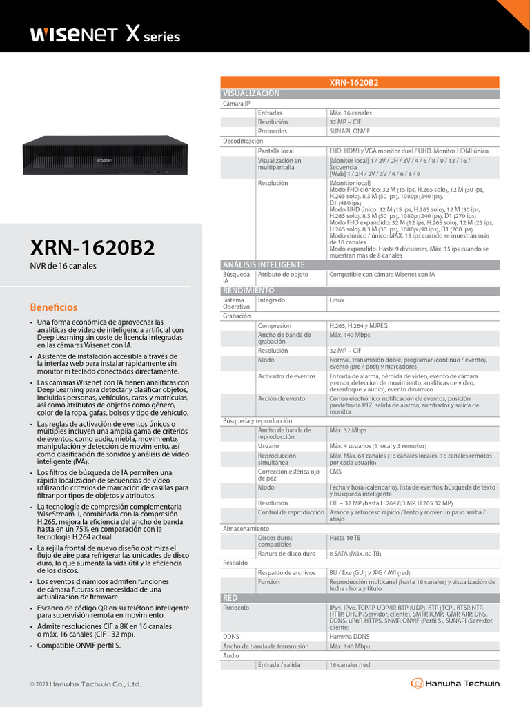Grabador 16 Canales XRN-1620B2-12TB | PDF | USB | Protocolos de internet