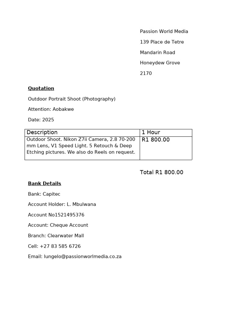 Outdoor Portrait Shoot Quotation | PDF