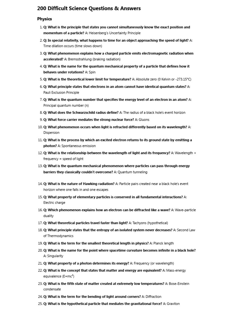 200 Difficult Science Questions & Answers | PDF | Chemistry | Light
