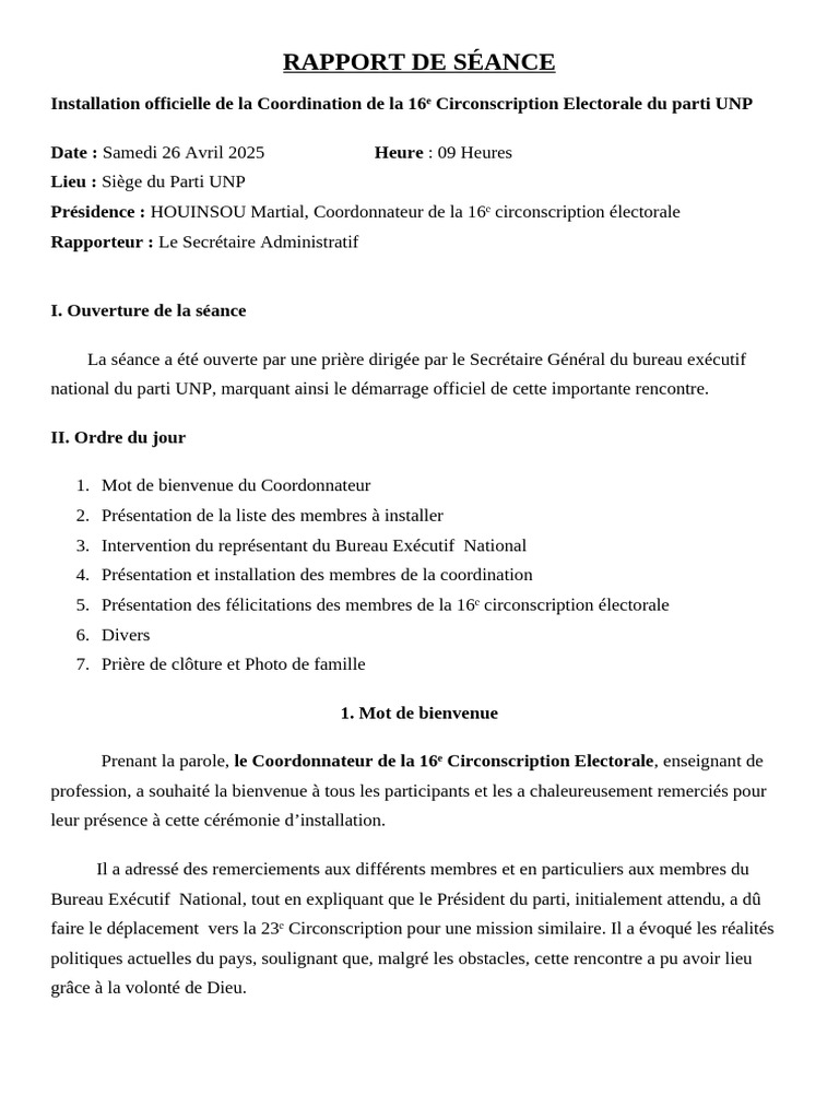 Installation de la Coordination UNP 16ᵉ Circonscription | PDF | Élections