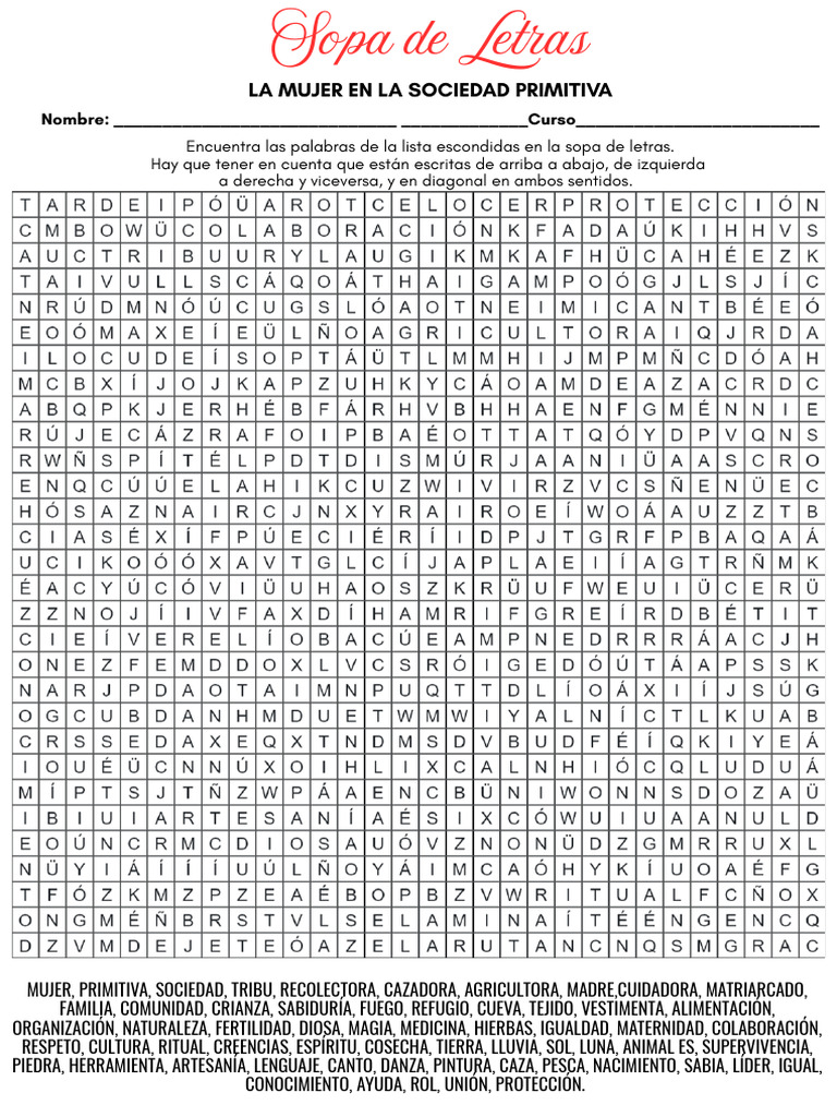 Sopa de Letras: Mujer y Sociedad Primitiva | PDF