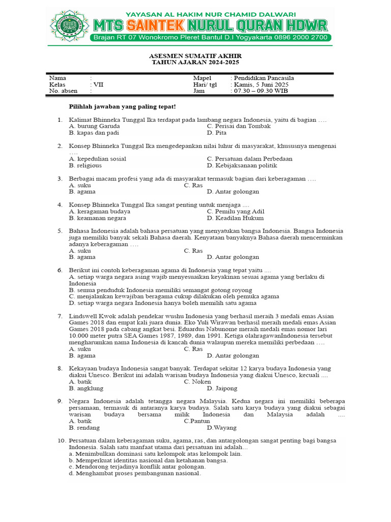 Soal Asat Pancasila Semester 2 Kelas Vii Tahun 2024-2025 | PDF