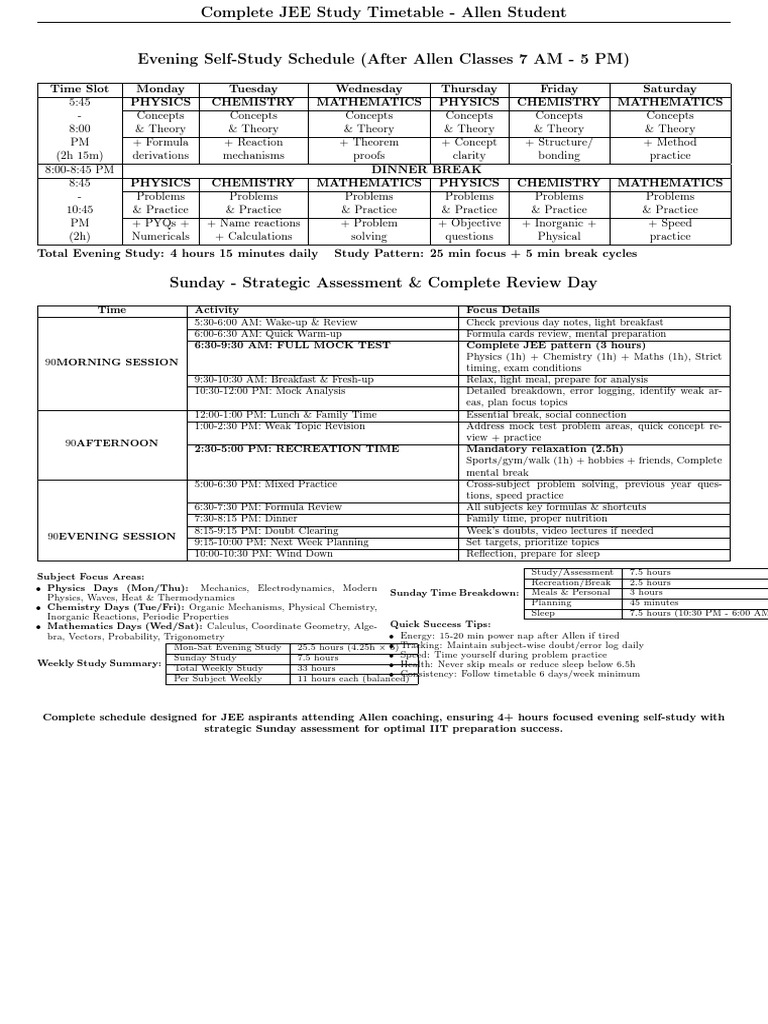 Single Page Table Jee Timetable Finale | PDF | Mathematics | Physics