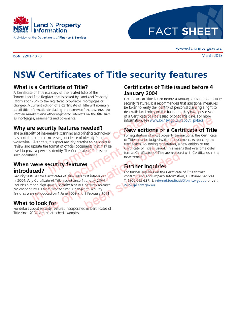 NSW Certificate of Title Security Features | PDF | Authentication ...