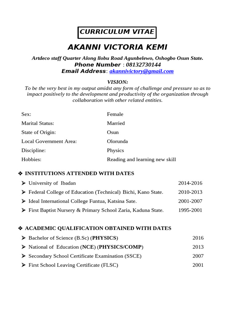 Akanni Victoria Kemi Curriculum Vitea | PDF | Qualifications | Educational Stages