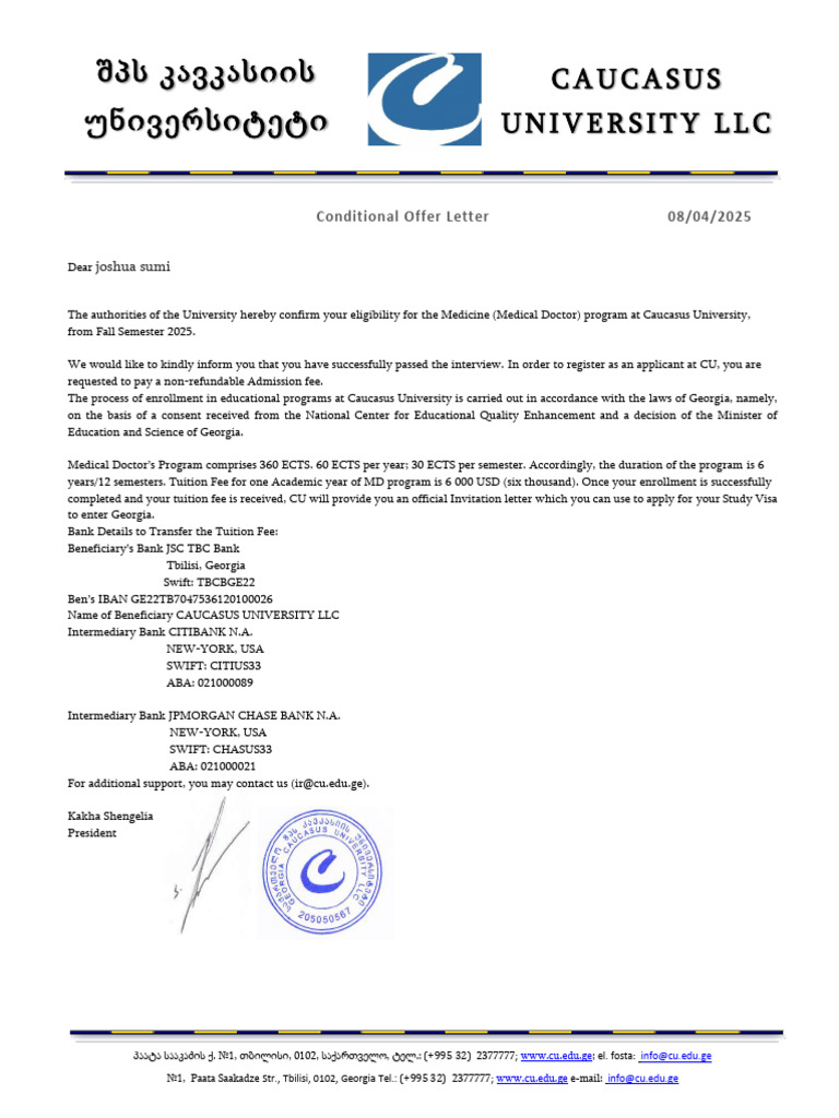 Conditional Offer Letter For Joshua Sumi | PDF