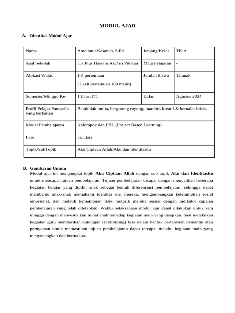 MODUL AJAR (Aku & Identitasku) | PDF