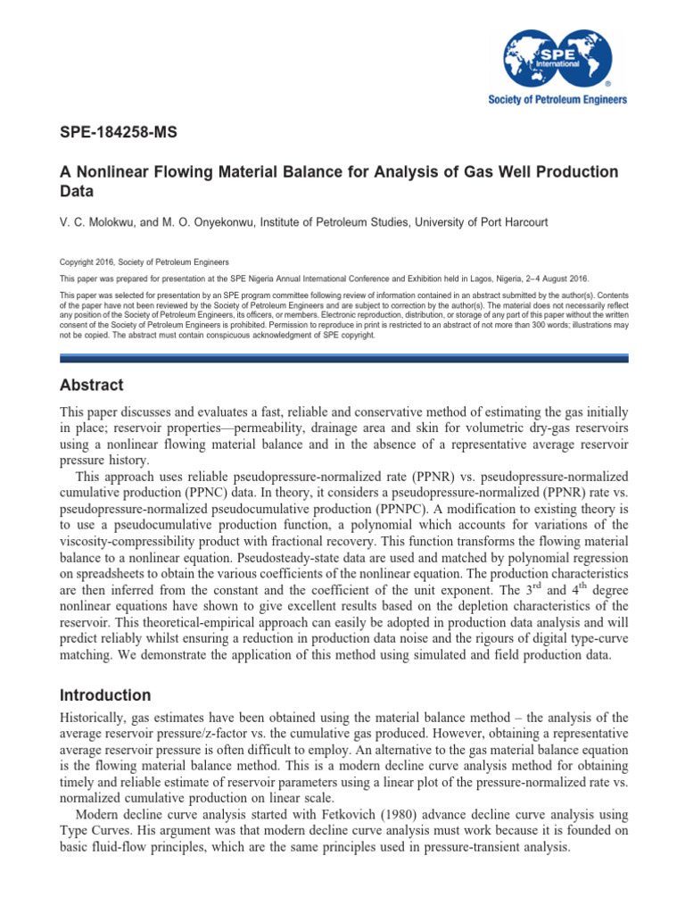 SPE-184258-MS A Nonlinear Flowing Material Balance For Analysis of Gas ...
