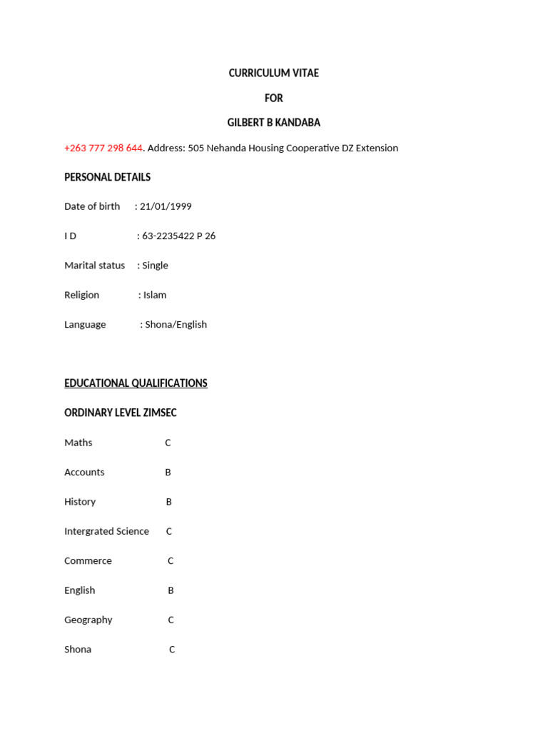Gilbert B Kandaba CV and Qualifications | PDF