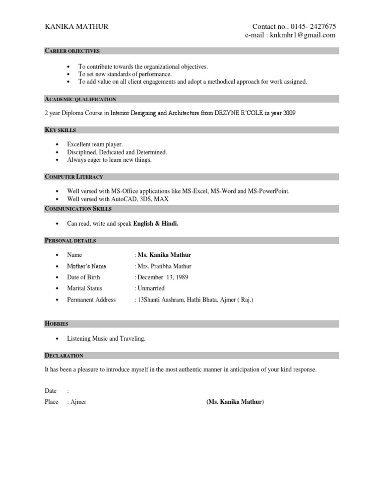 Kanika Mathur Contact No.. 0145-2427675: Areer Objectives | PDF