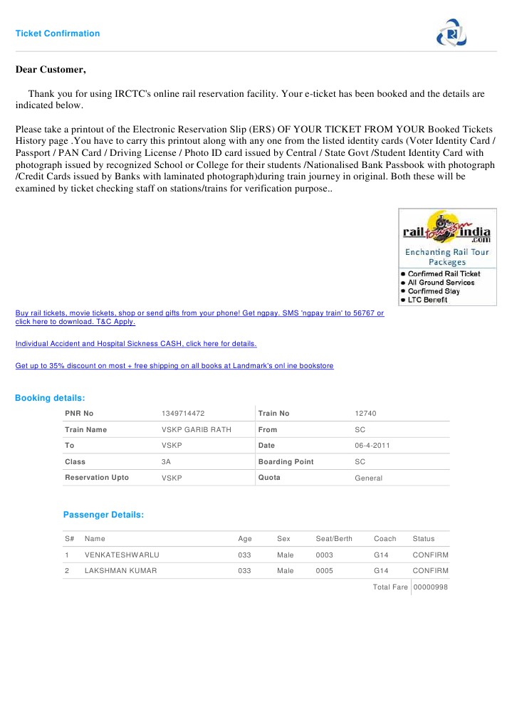 IRCTC Train Ticket Confirmation Details | PDF