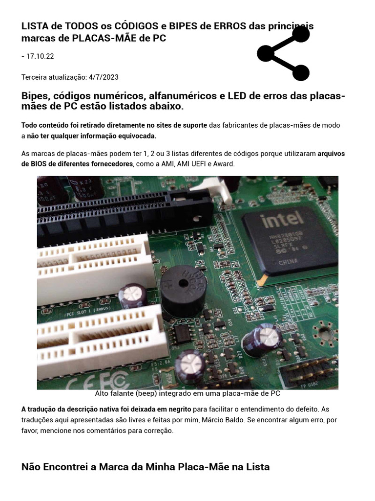 Códigos e Bipes de Erros de Placas-Mãe | PDF | BIOS | Disco de estado ...