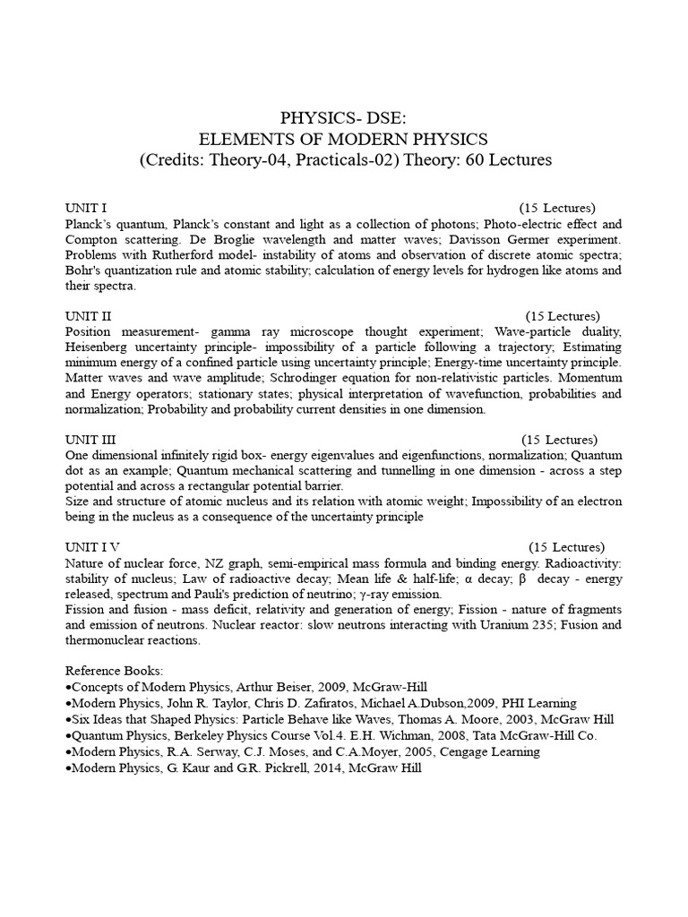 Elements of Modern Physics Syllabus | PDF | Quantum Mechanics | Atoms