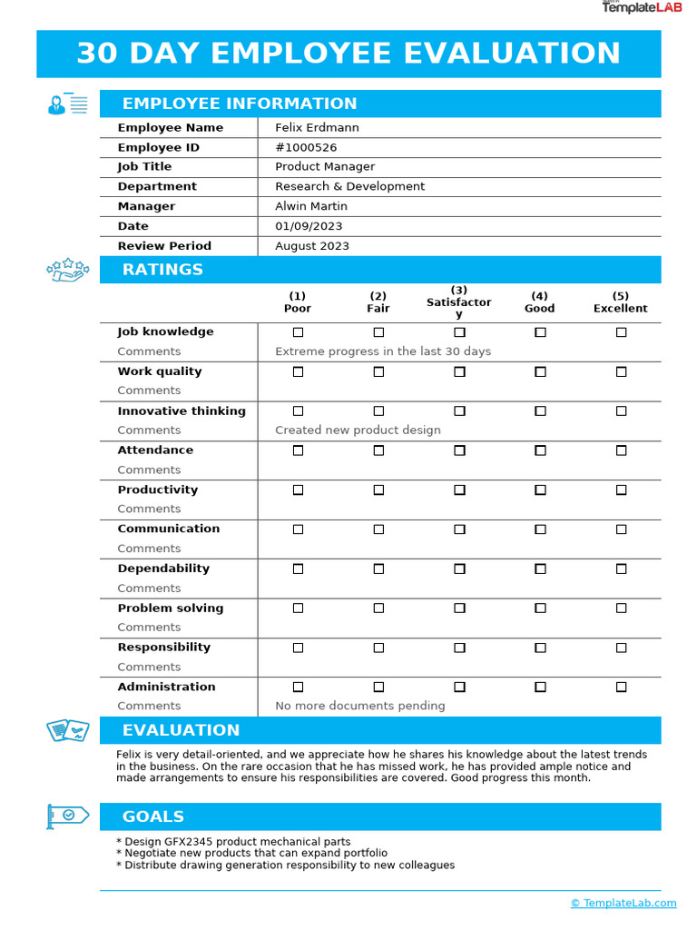 30-Day Employee Evaluation Template | PDF | Cognition