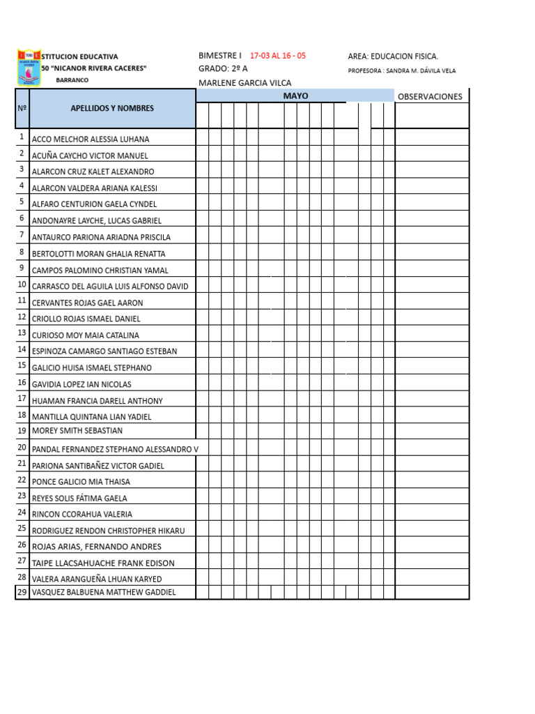 REGISTRO ASISTENCIA - 2025.xlsx - 2° A | PDF