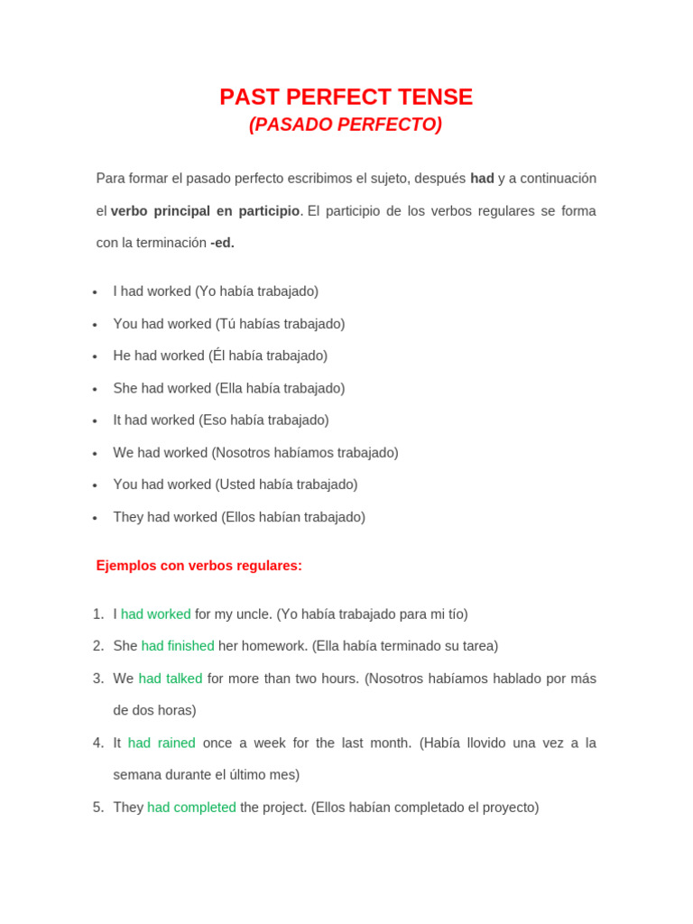 Verbos en Pasado Perfecto: Ejemplos y Uso | PDF