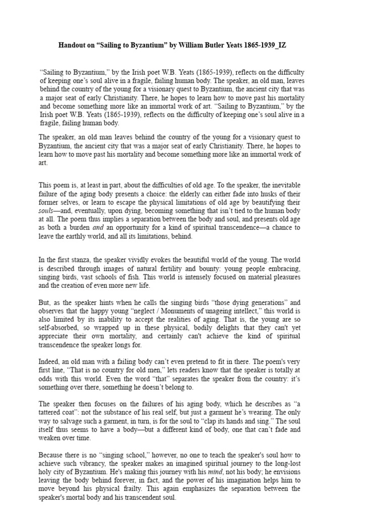 Handout On Sailing To Byzantium | PDF | Soul | Immortality