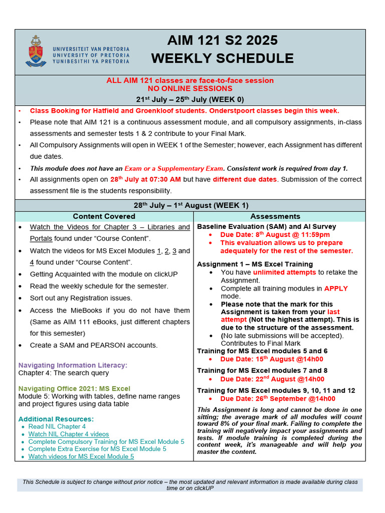 AIM 121 S2 2025 - Weekly Schedule | PDF | Microsoft Excel | Information Science