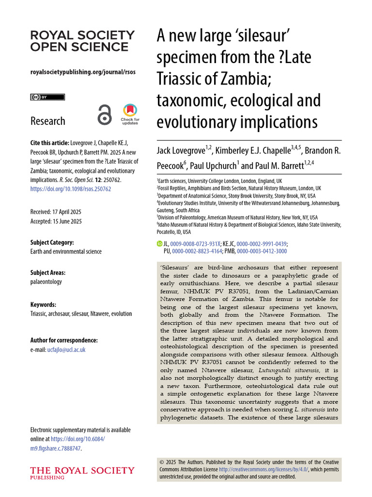 Lovegrove Et Al A New Large Silesaur Specimen From The Late Triassic of ...