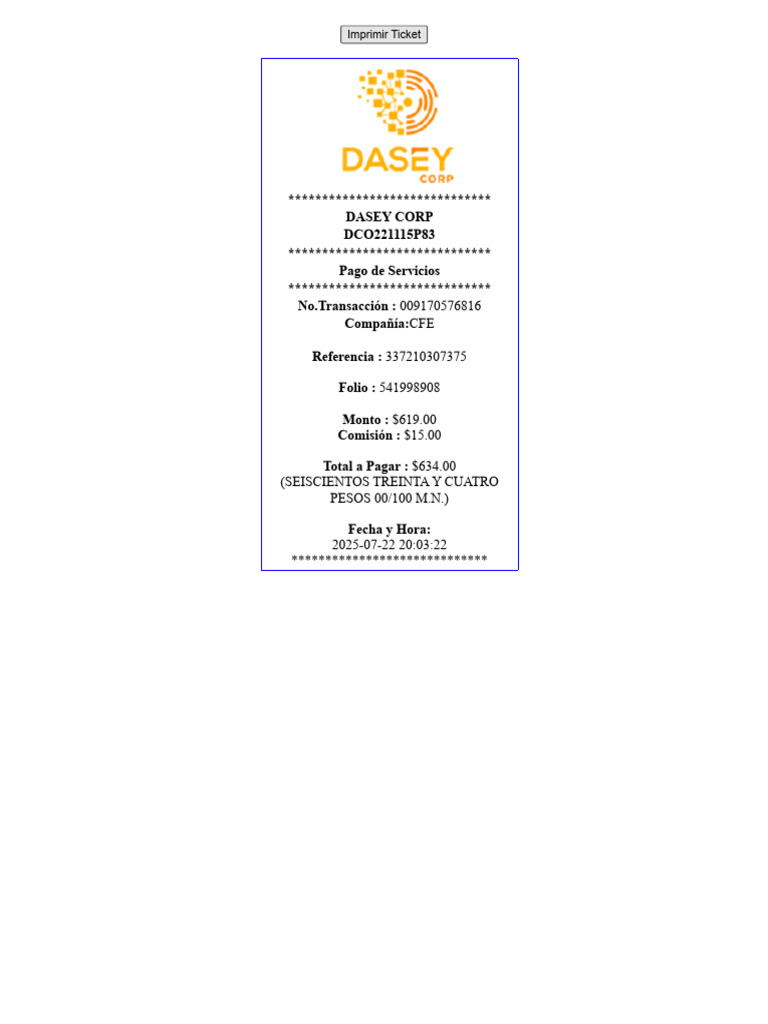 Ticket de Pago Dasey Corp | PDF