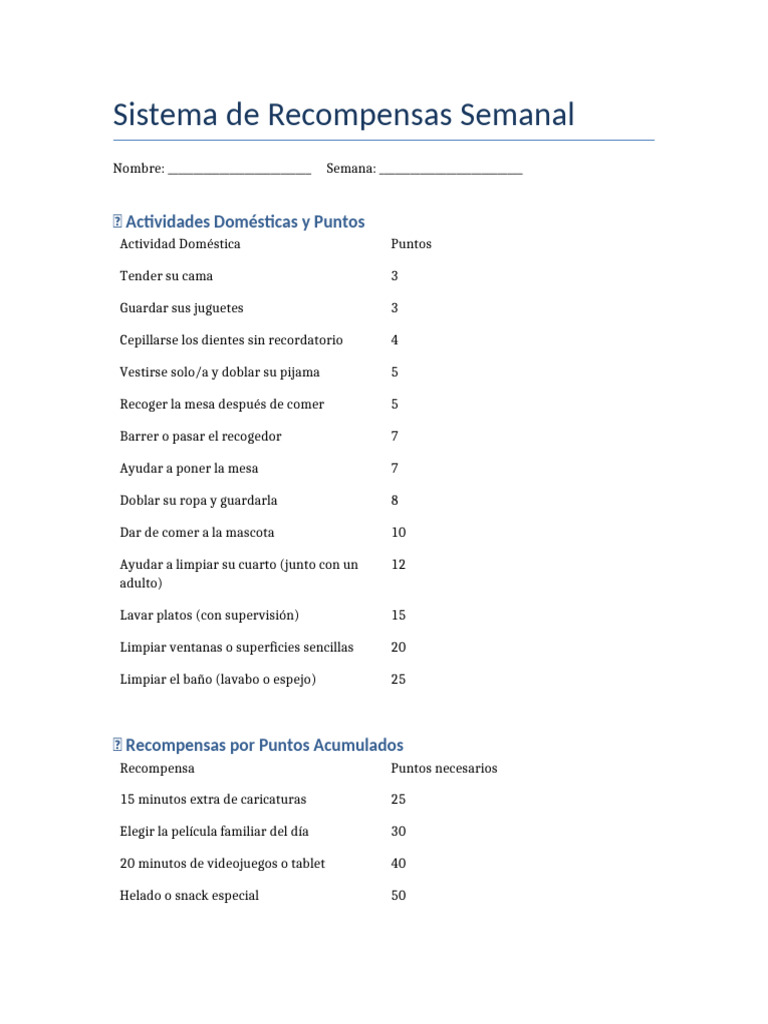 Sistema de Recompensas Semanal para Niños | PDF