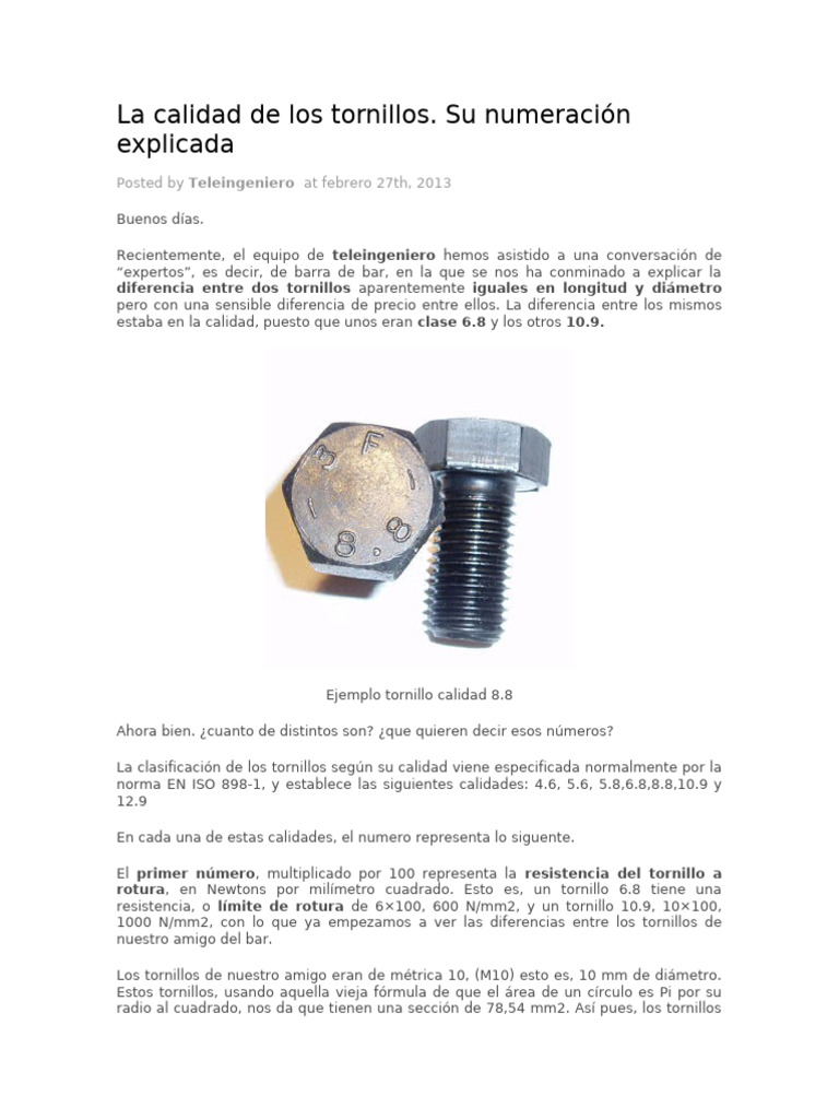 La calidad de los tornillos y calculo de carga maxima que soportan | PDF | Tornillo ...