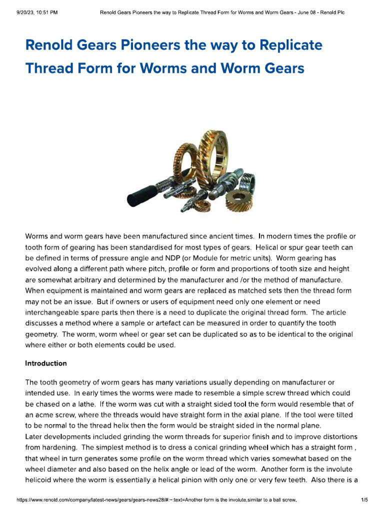 Renold Gears Pioneers The Way To Replicate Thread Form For Worms and ...