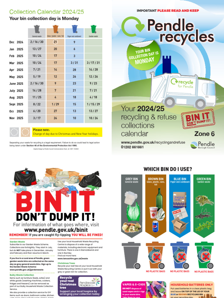 Pendle 2024/25 Waste Collection Calendar | PDF | Waste | Recycling
