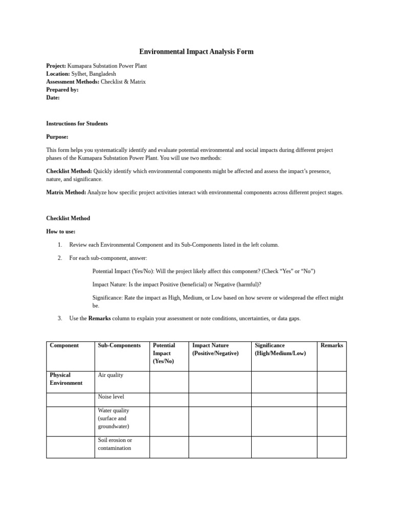 Environmental Impact Analysis Form - Kumarpara - Sylhet | PDF | Nature ...