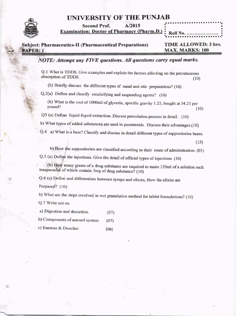 PharmD 2nd Prof Paper1 | PDF | Topical Medication | Tablet (Pharmacy)