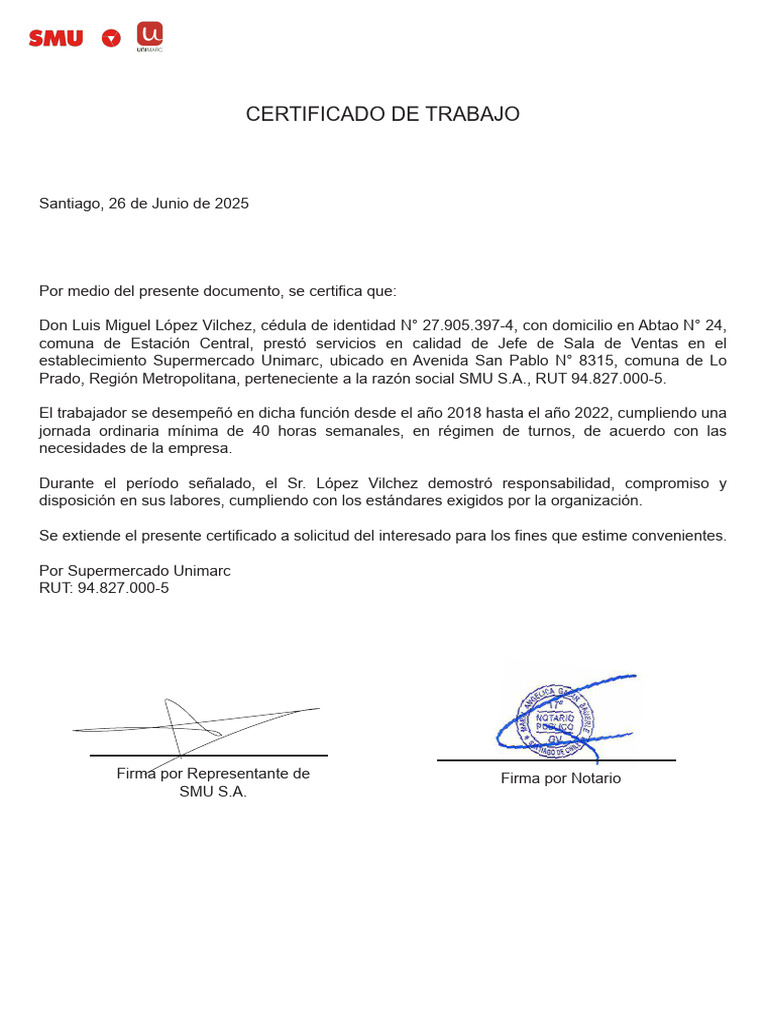 Certificado de Trabajo Jefe de Sala Unimarc | PDF