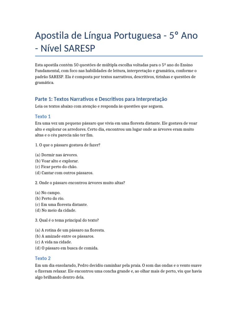 Apostila Lingua Portuguesa SARESP 5ano Final | PDF